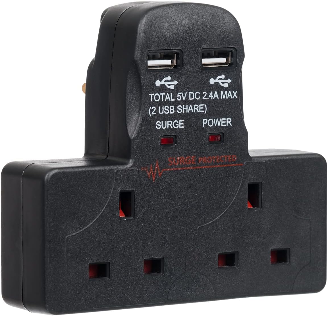 Invero 2 Way Gang Cable-Free Multi-Plug 13A Wall Socket Adaptor with 2x ...