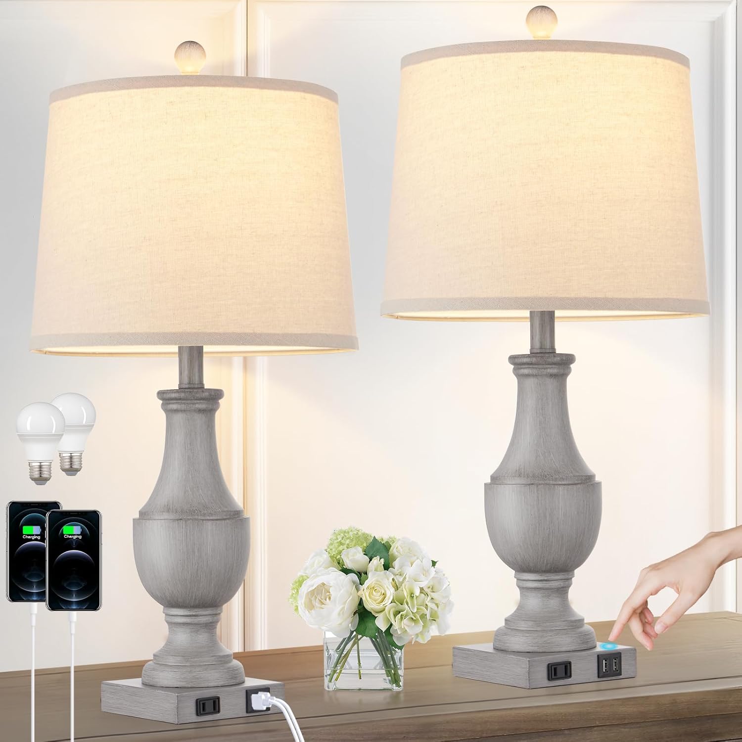 Farmhouse Table Lamps Set of 2, Rustic 25" Touch Control Bedside Lamps ...