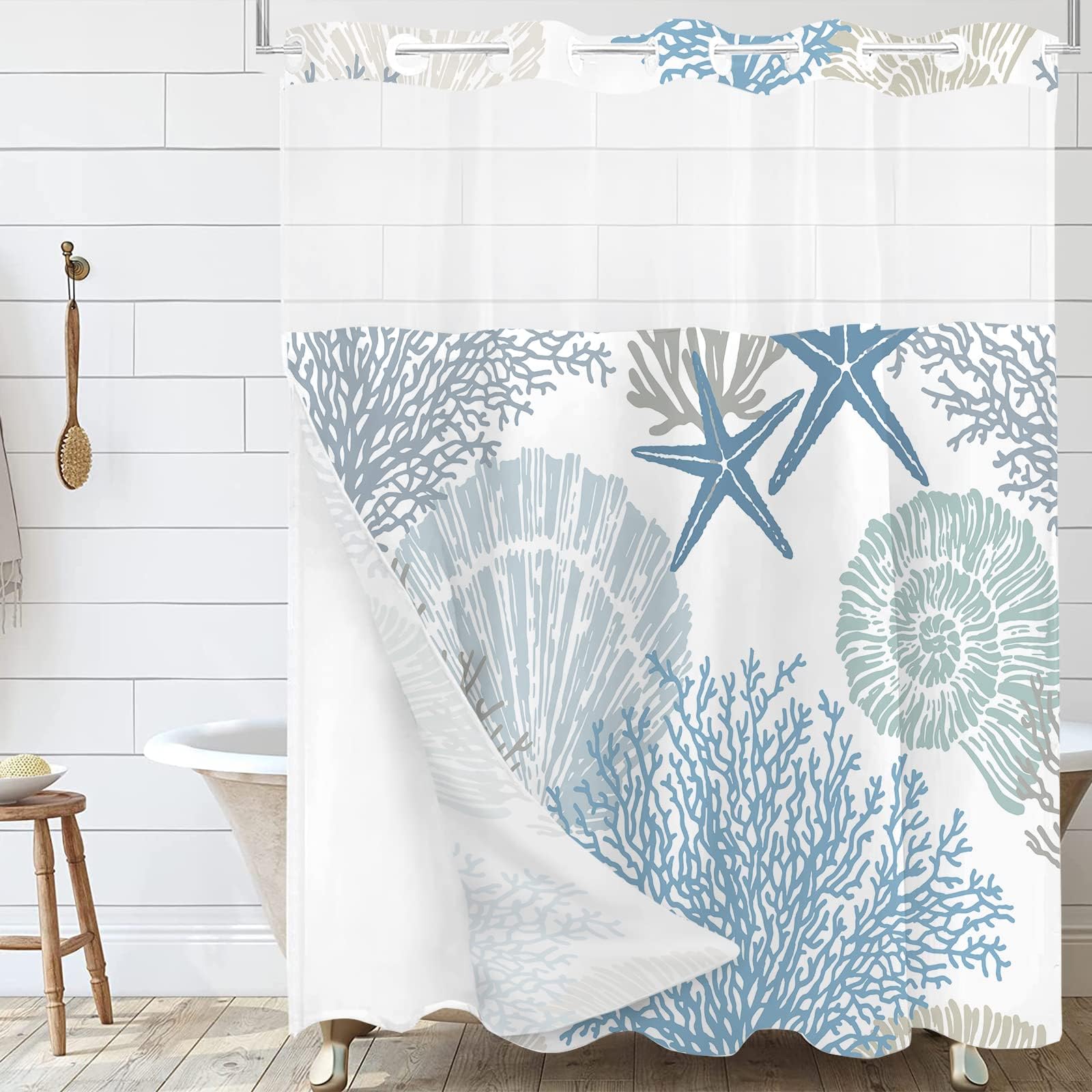 Amazon.com: SHENGJUN Nautical Coastal No Hook Shower Curtain with Snap ...