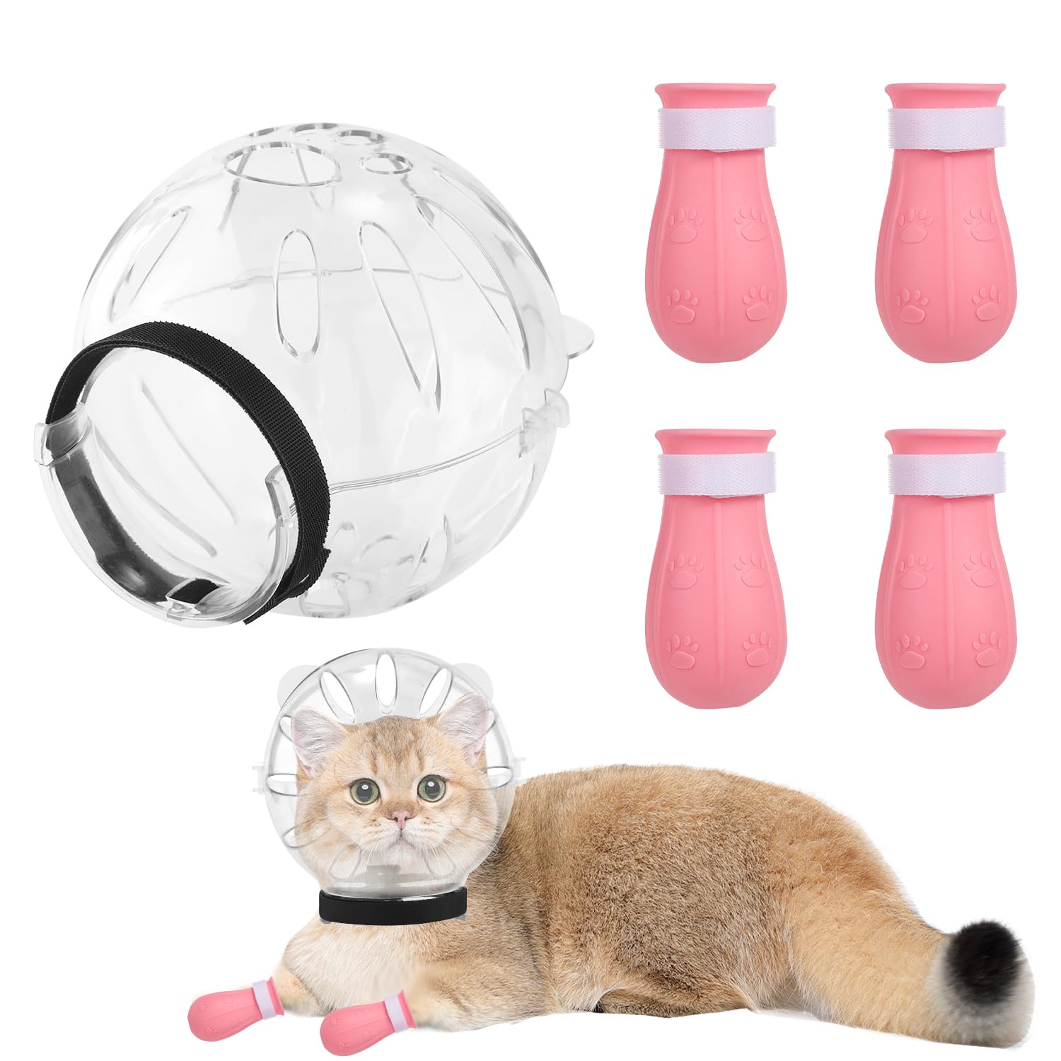 Cat Muzzle and Boots Set, Breathable Cat Adjustable Hood and Paw Covers ...
