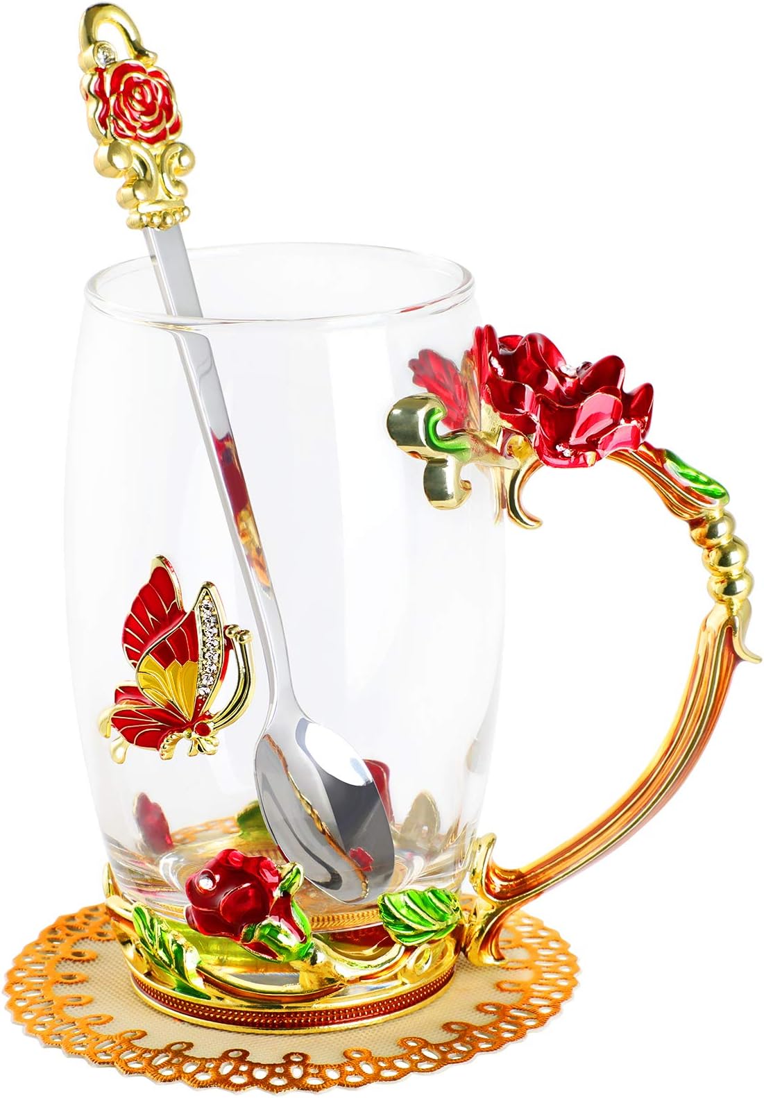 Amazon.com | WOBOX 330ML Enamel Tea Cup Glass Coffee Mug Handmade Rose ...