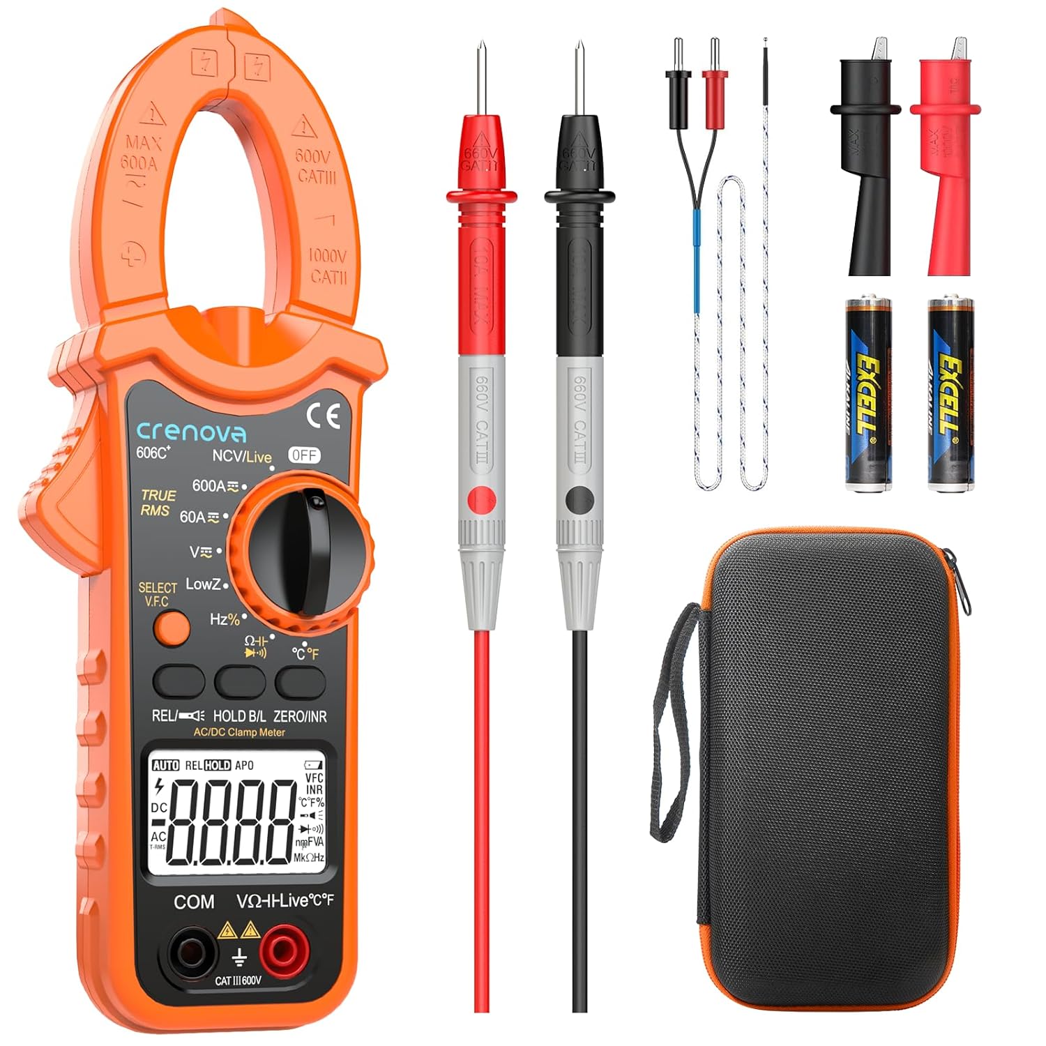 Crenova Digital Clamp Meter, 6000 Counts TRMS Multimeter, DC Amp Clamp ...