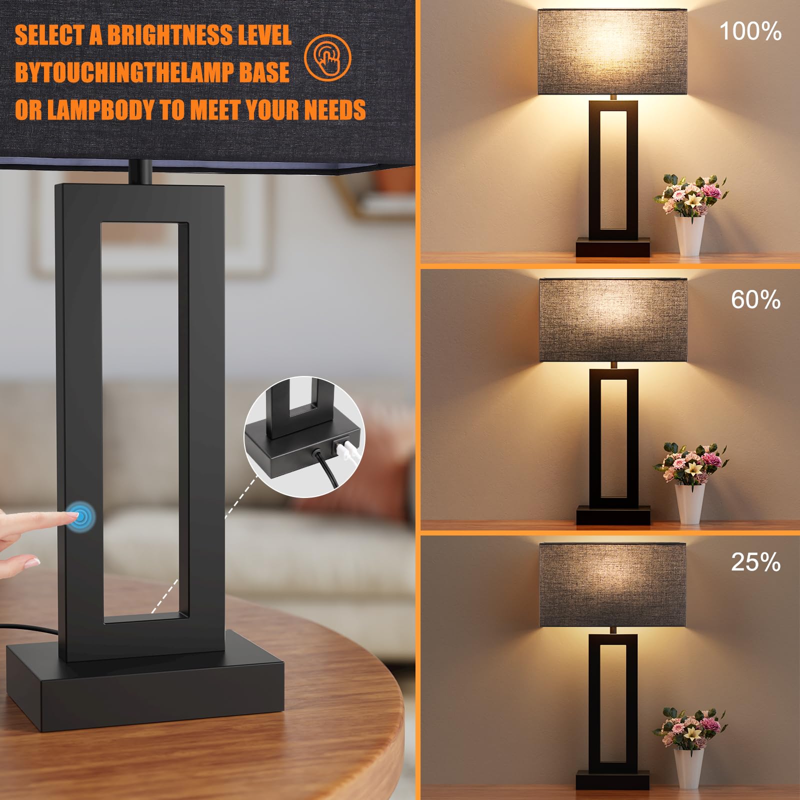 Snapklik.com : Modern 22" Tall Bedside Lamps - Touch Control, USB C+A ...