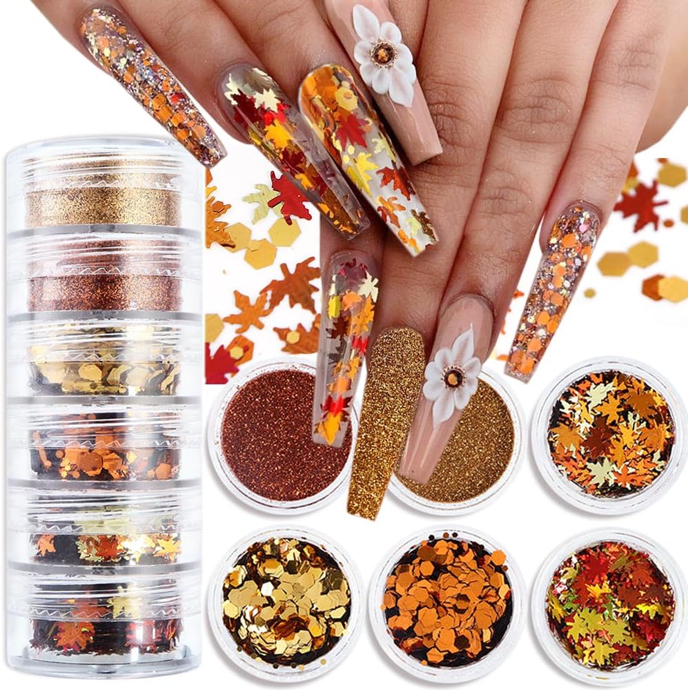 Amazon.com: Maple Leaf Nail Glitter Sequins 3D Fall Holographic Glitter ...