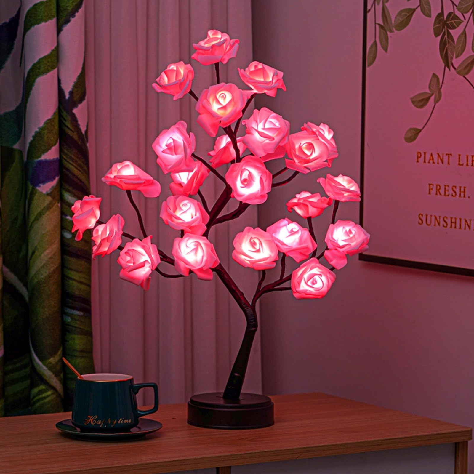 Rose Flower Tree Lamp, LED Rose Bedside Table Lamp Battery Powered or ...