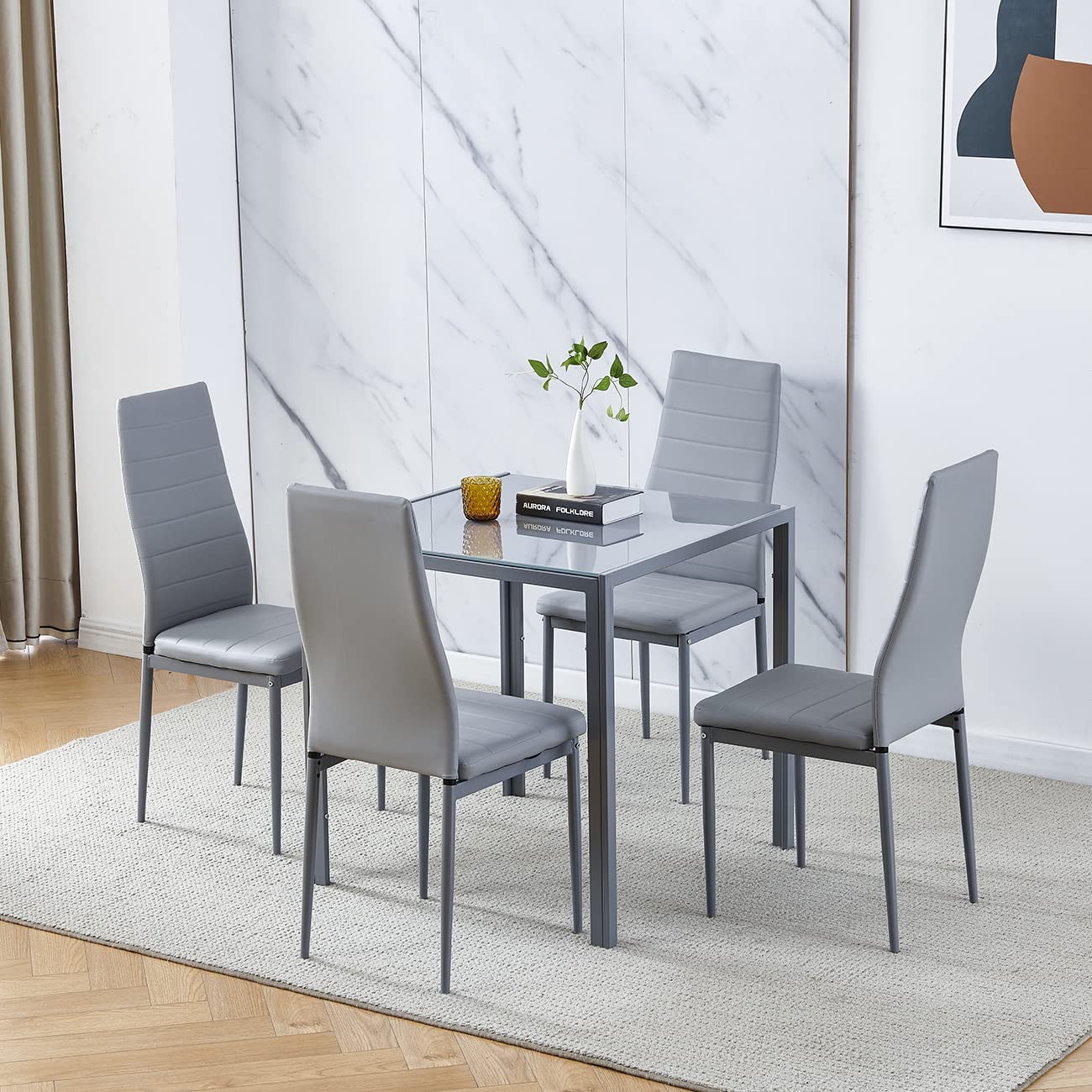 NICEME Dining Room Set, Grey Glass Dining Table with Chairs, 75x75 cm ...