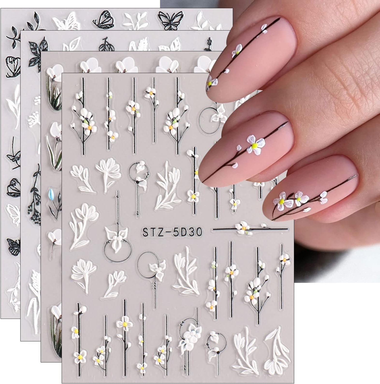 Amazon.com: 5D Flower Nail Art Stickers, 5D Embossed Floral Nail Decals ...