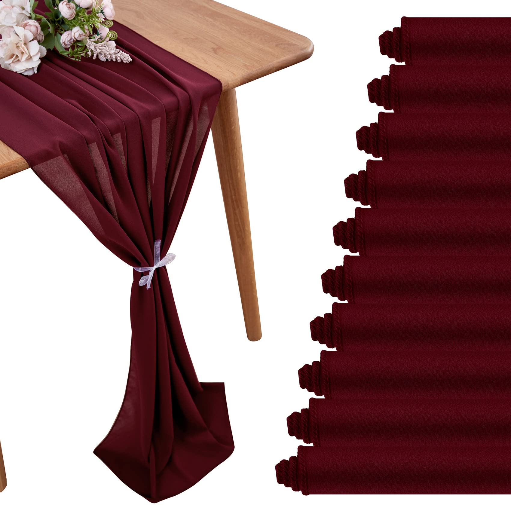 YUHX 10 Pack Chiffon Table Runner 29 x 120 Inches Long, Burgundy ...