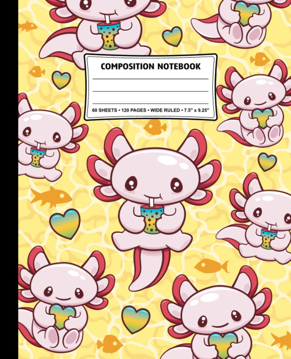 Axolotl Boba Tea Composition Notebook: Cute Yellow Aquatic Pattern, 7 ...