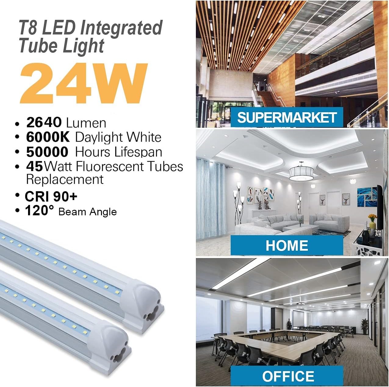 Paquete de 6 lámparas LED T8 integradas de 4 pies de 24 W, blanco brillante, 6000 K, 4 pies ...