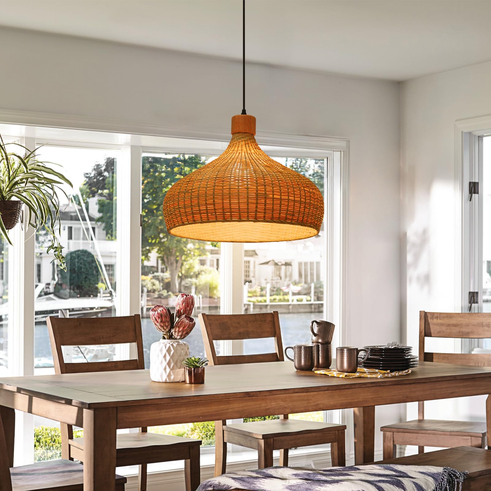 WalmHomie Bamboo Pendant Light Tropical Lampshade for Kitchen Rustic ...