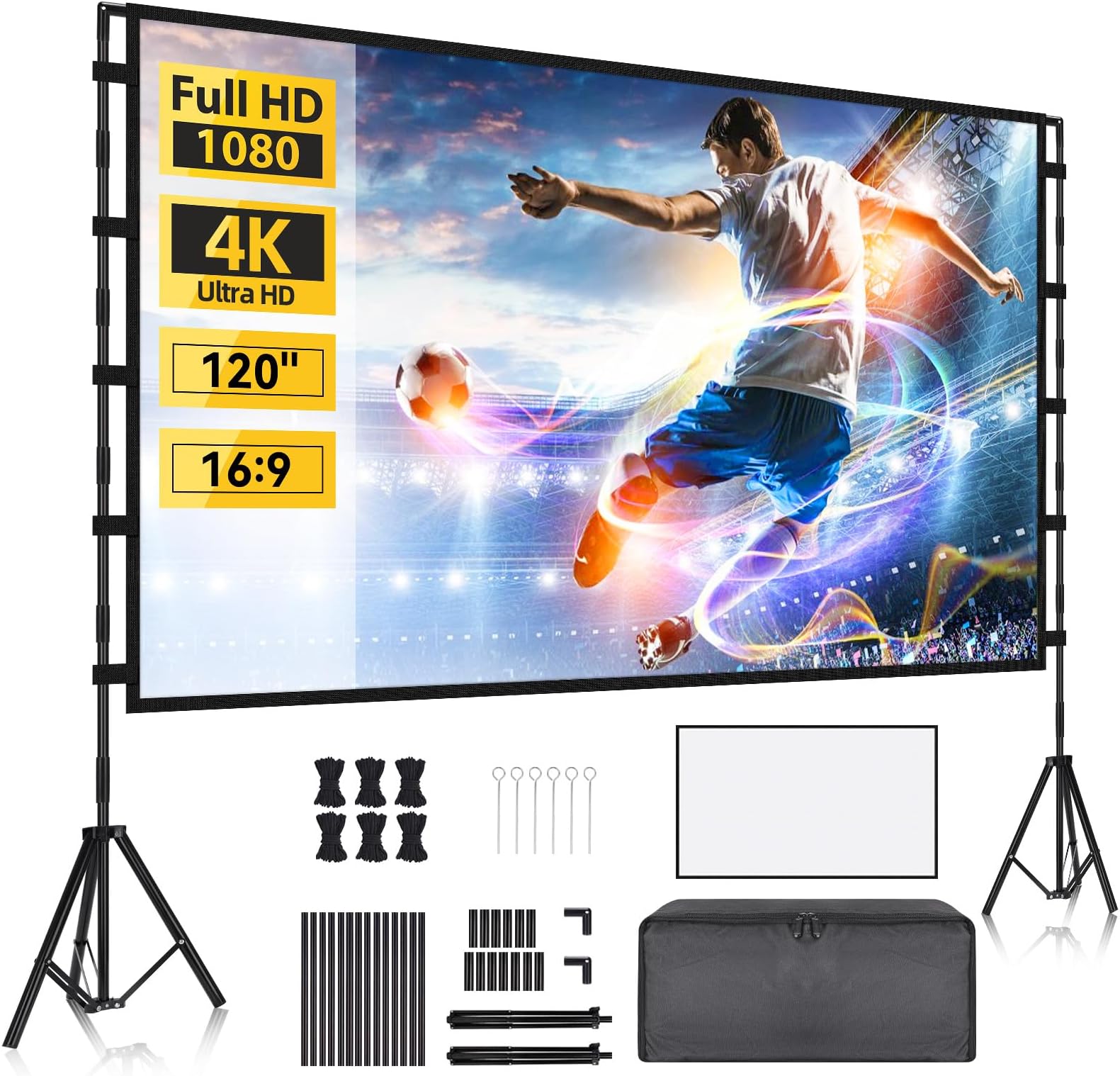 Projector Screen with Stand 120 inch Portable Projection Screen 16:9 4K ...