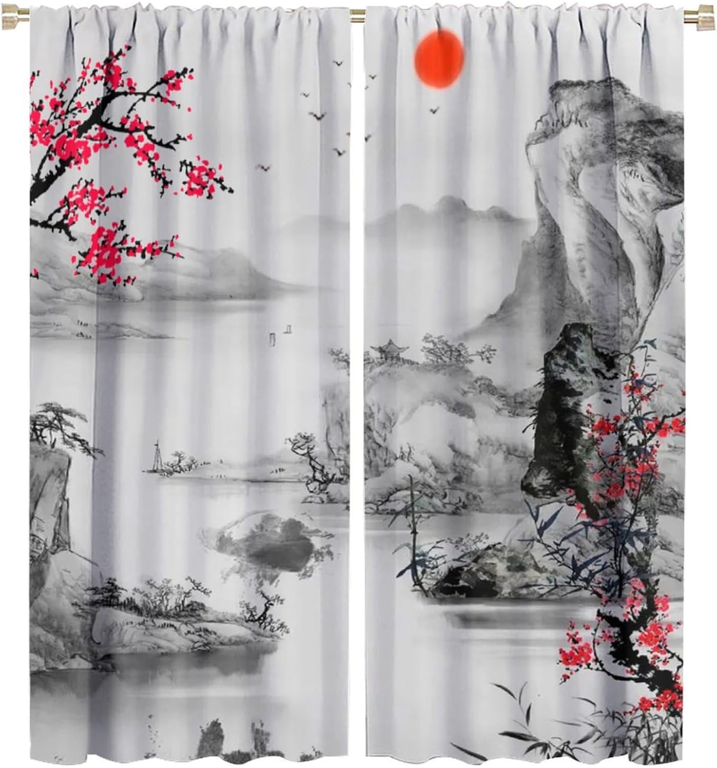 Amazon.com: SHElifestyle Asian Window Curtains, Red Plum Blossom Branch ...