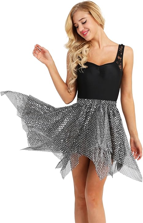 ranrann Women Glitter Sequin Asymmetric Polka Dots Ballet Skirts Latin ...