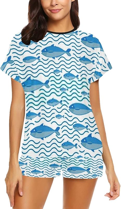 Women's Casual Pajamas Set, Abstract Creative Sea Fish Pattern ...
