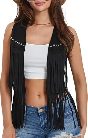 Women Tassel Vest Sleeveless Open Front Western Fringe Jacket 60s 70s Hippie Faux Suede Cowboy ...