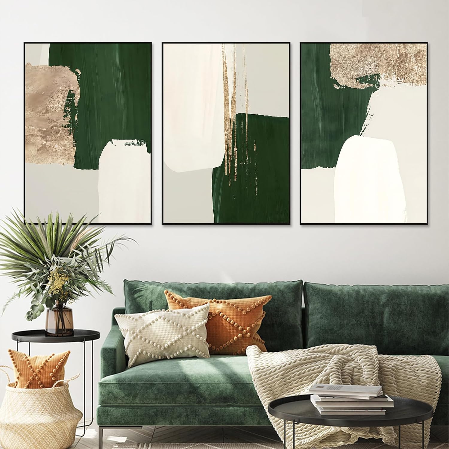 Green Gold White Abstract Wall Art Painting Set of 3 Texture Pictures ...