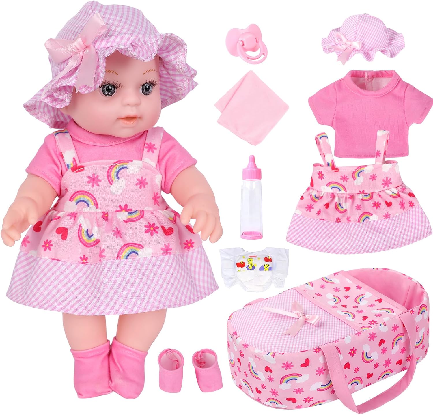Amazon.com: ZQDOLL 12" Baby Dolls with Bassinet Bed, Rainbow Theme ...