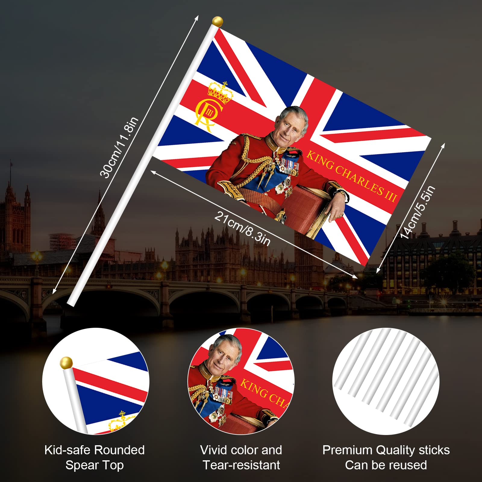 King Charles III Hand Held Small Mini Stick Flag, 5×8 Inch (14x21cm ...