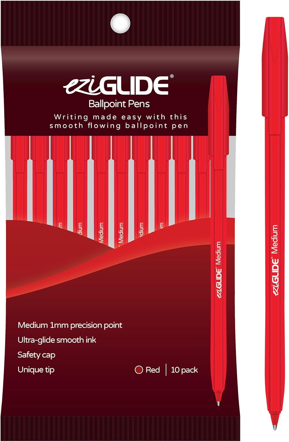 Eziglide Ballpoint Red Pen, Pack of 10 Ballpoint Pens, Smooth Writing ...