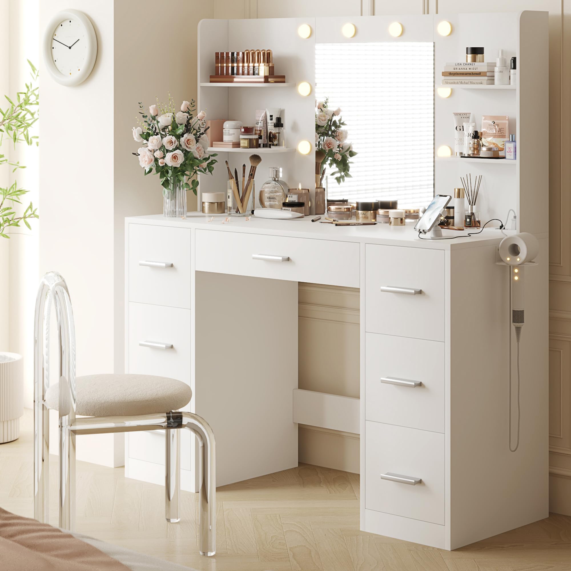 Amazon.com: YESHOMY Vanity Desk with Mirror, Power Outlet and 10 Lights ...