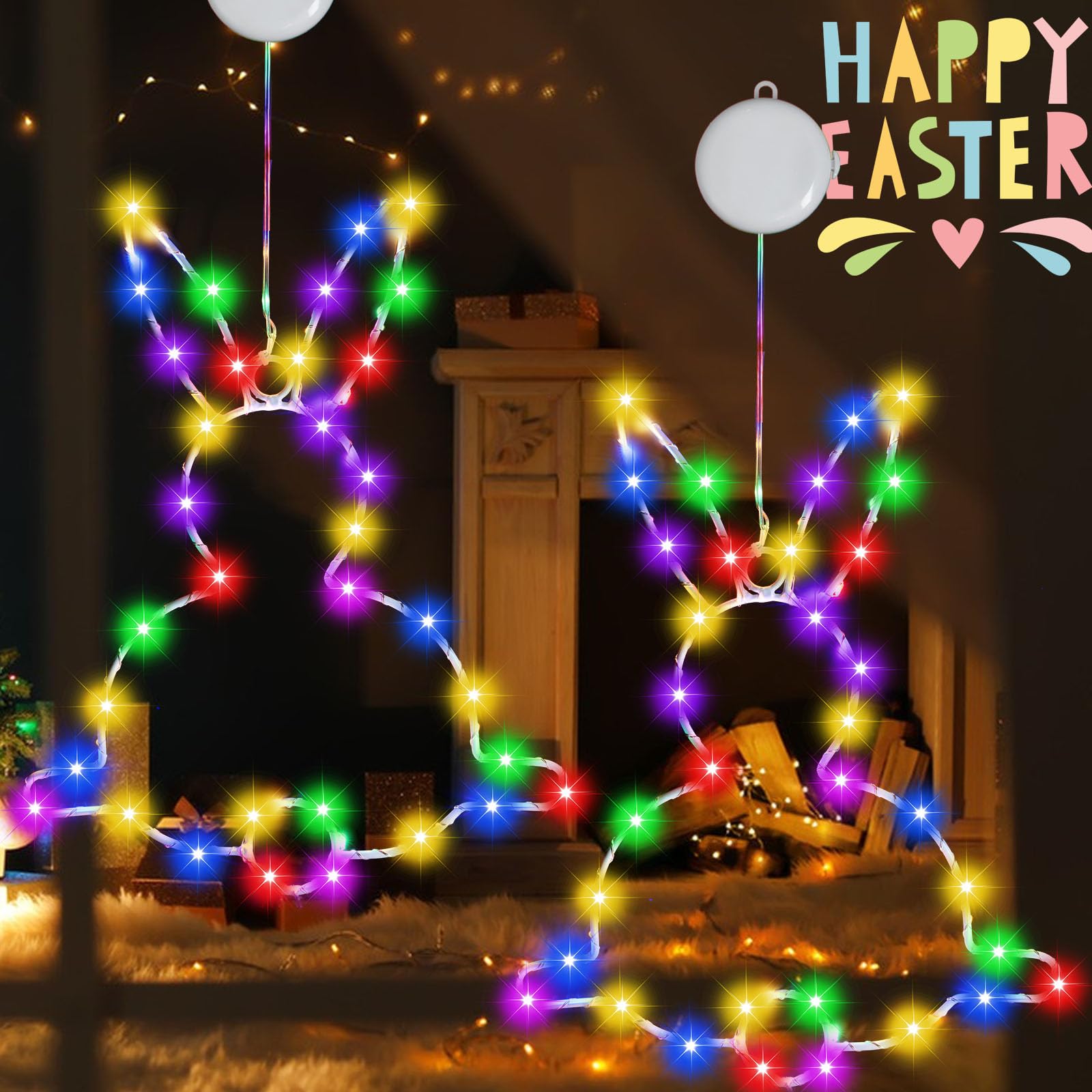 Easter Window Lights for Home Decor, 2 Pack Easter Bunny Shaped Metal ...
