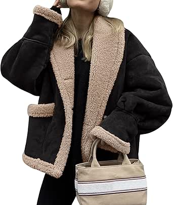 loveimgs Women Oversized Sherpa Lined Leather Jacket Faux Suede Fleece Shearling Coat Winter ...