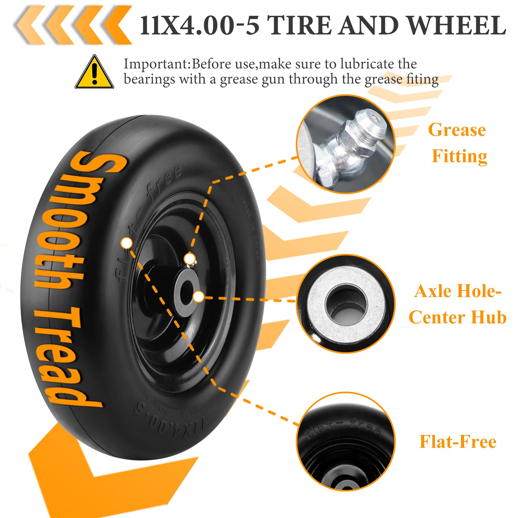 Snapklik.com : 11x4.00-5 Flat Free Lawn Mower Tires By PANDEELS - 11 ...