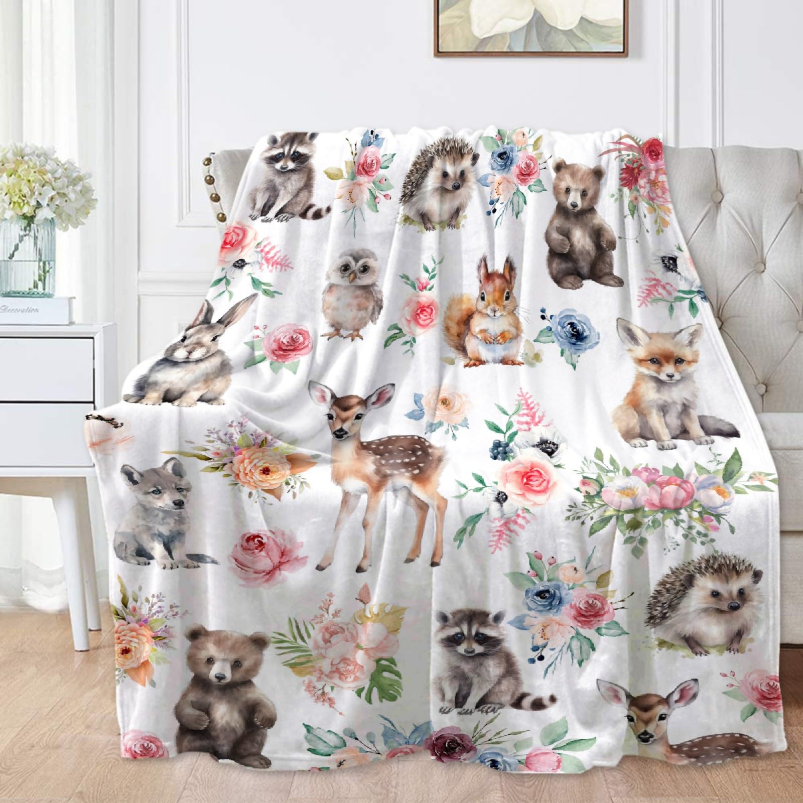Amazon.com: Woodland Animals Blanket for Boys, Flowers Kids Throw ...