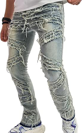 Amazon.com: Skinny Ripped Jeans Slim Fit Patchwork Denim Y2K Grunge Emo ...