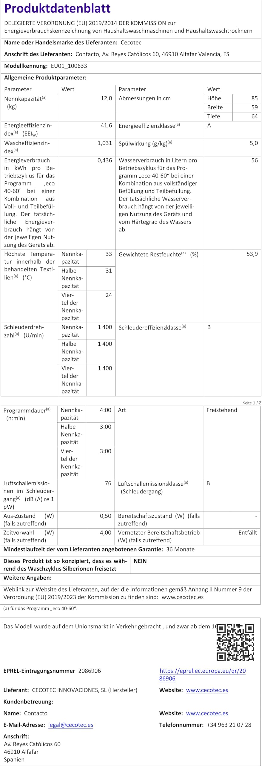 Cecotec Washing Machine 12 kg Front Loader Bolero DressCode 12410 ...