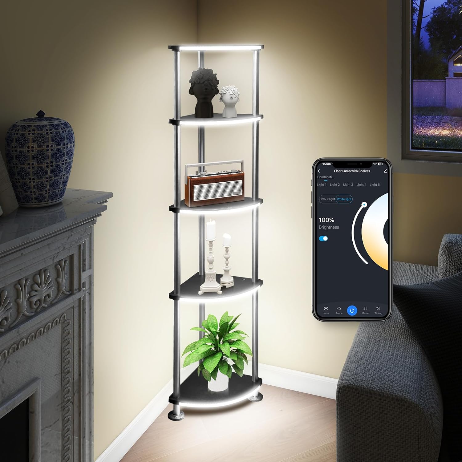 BYFUNBY Floor Lamp with Shelf Corner Shelf with Light Standing Lamp ...