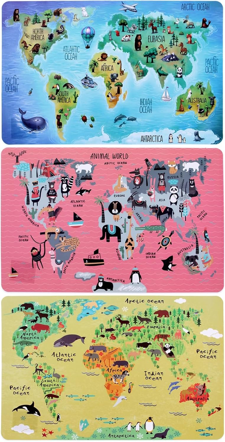 World Map Placemats Set of 3 Kids Educational Animal Geography Place ...
