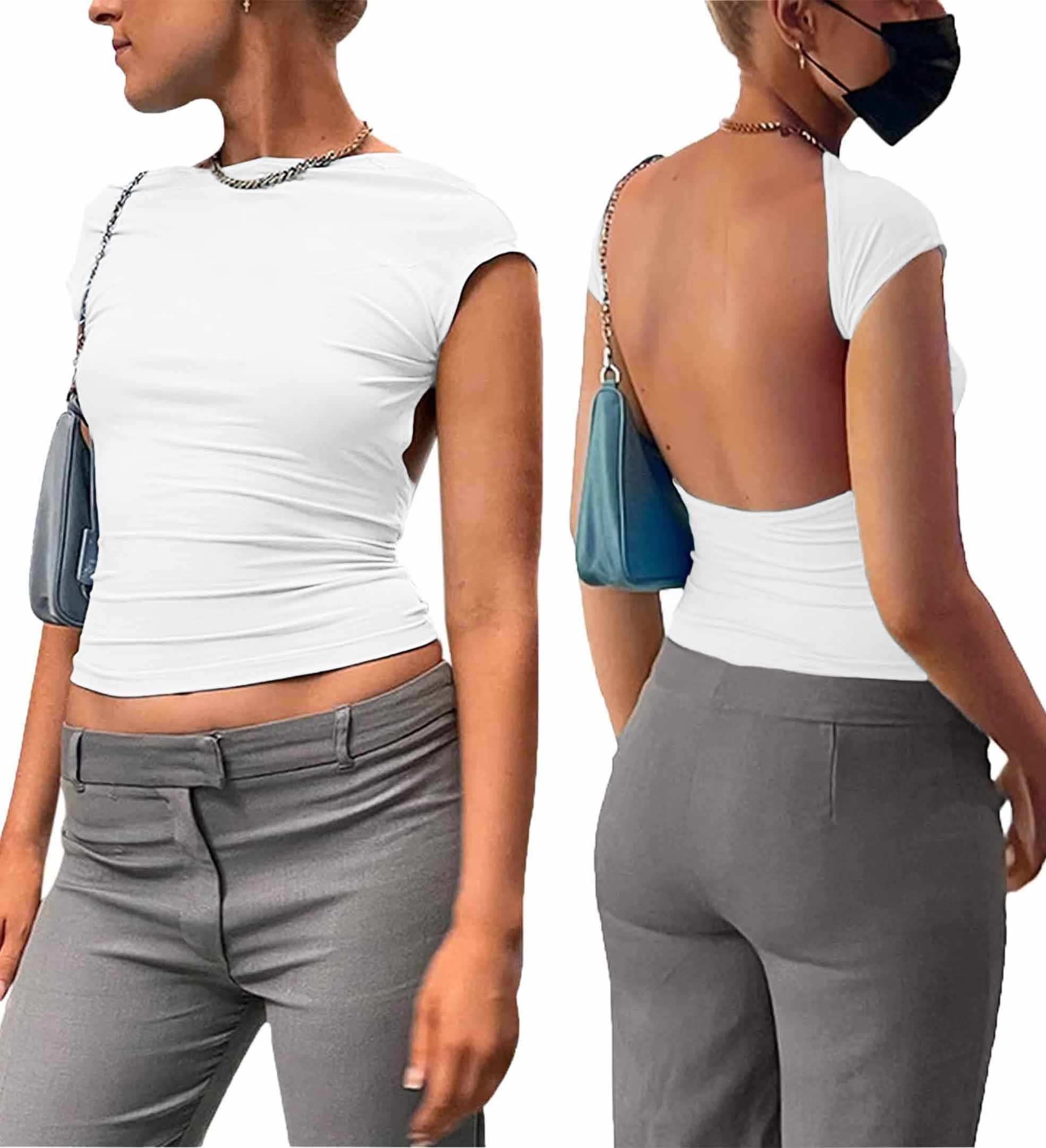 Womens Sexy Short Sleeve Backless Tops Slim Fit Crewneck Open Back Shirts Summer Casual Y2K Cute ...