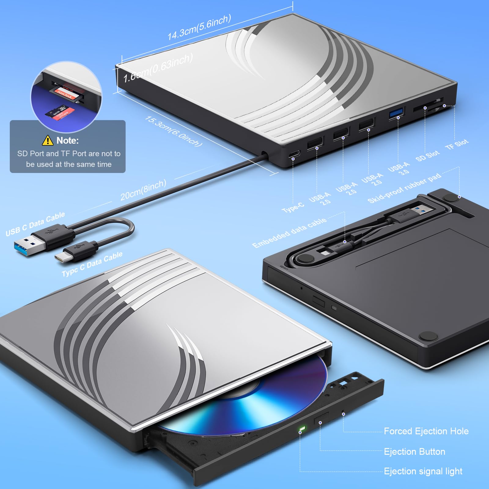 External CD DVD+/-RW Drive,USB 3.0 Ultra Slim CD Burner with 4 USB ...