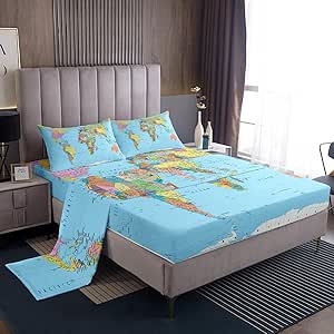 Amazon.com: World Map Bed Sheets Twin Multicolored Sheet Set 3D ...