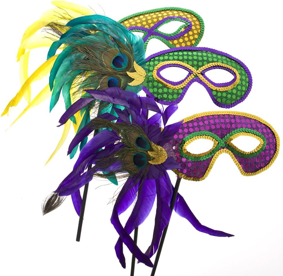 Amazon.com: Mardi Gras Handheld Feather Mask : Clothing, Shoes & Jewelry
