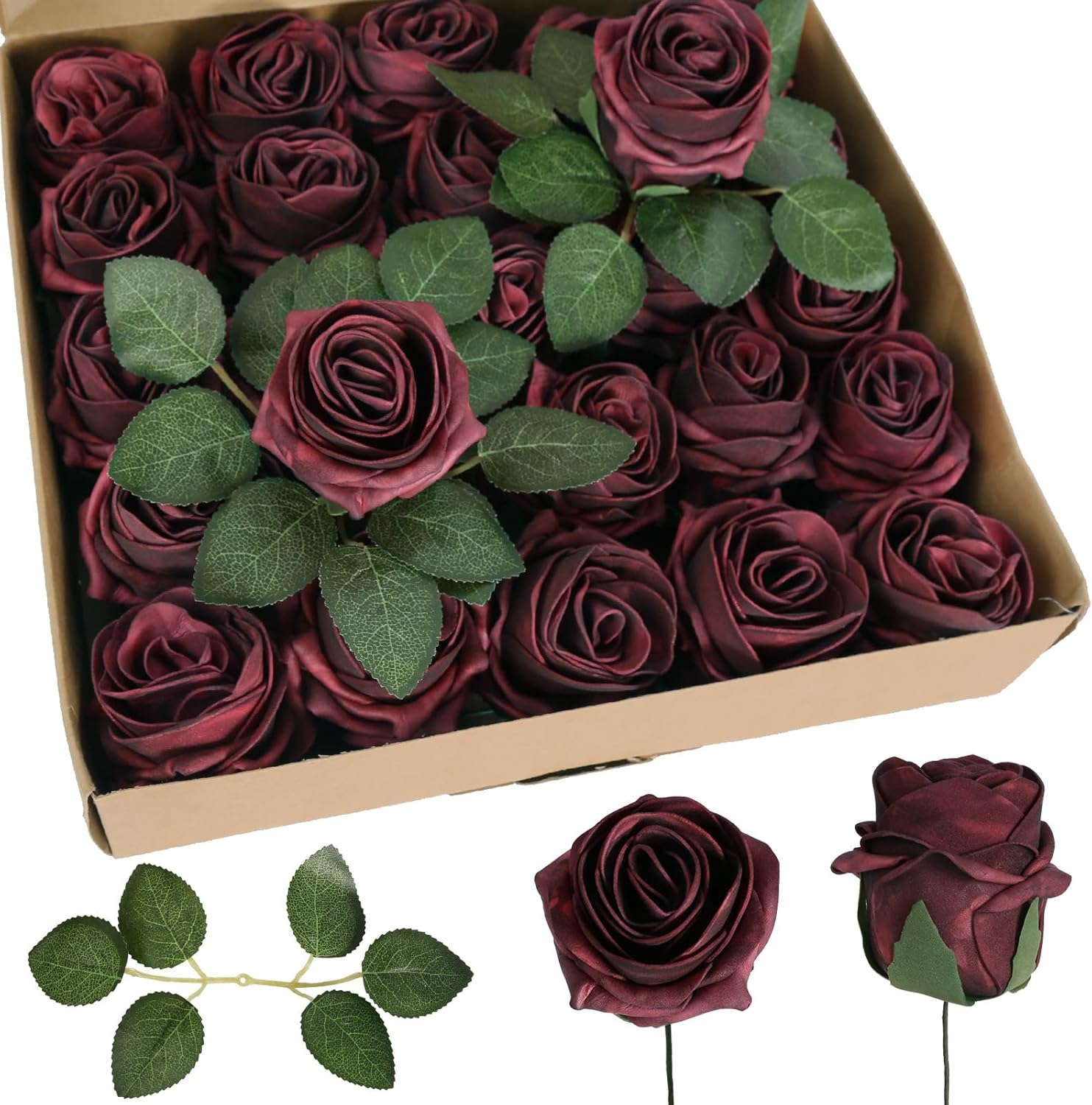 Amazon.com: INSUNSIX Burgundy Rose Artificial Flowers 25pcs High ...
