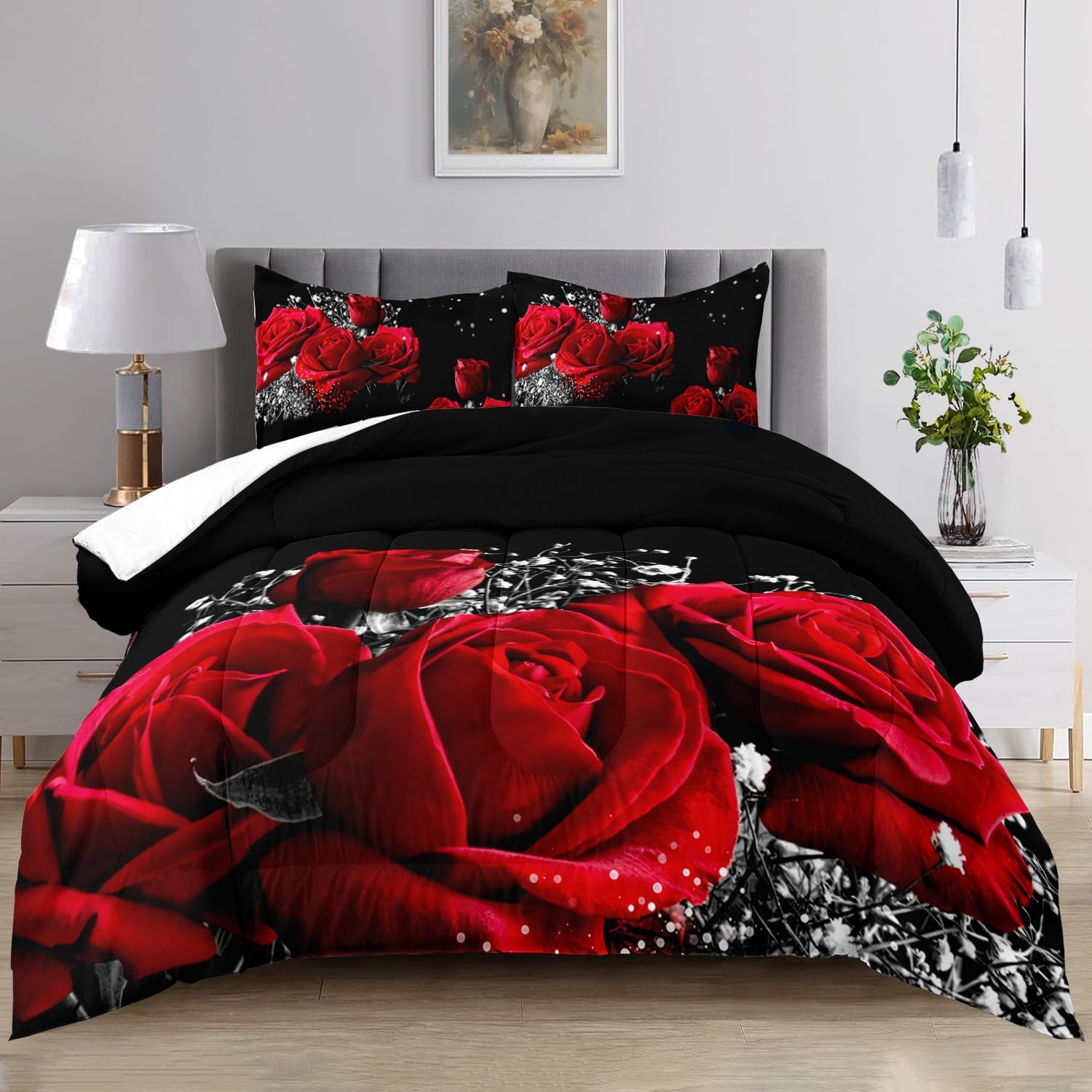 Amazon.com: Raphus cucullatus Red Rose Comforter Set King,Red Bedding ...