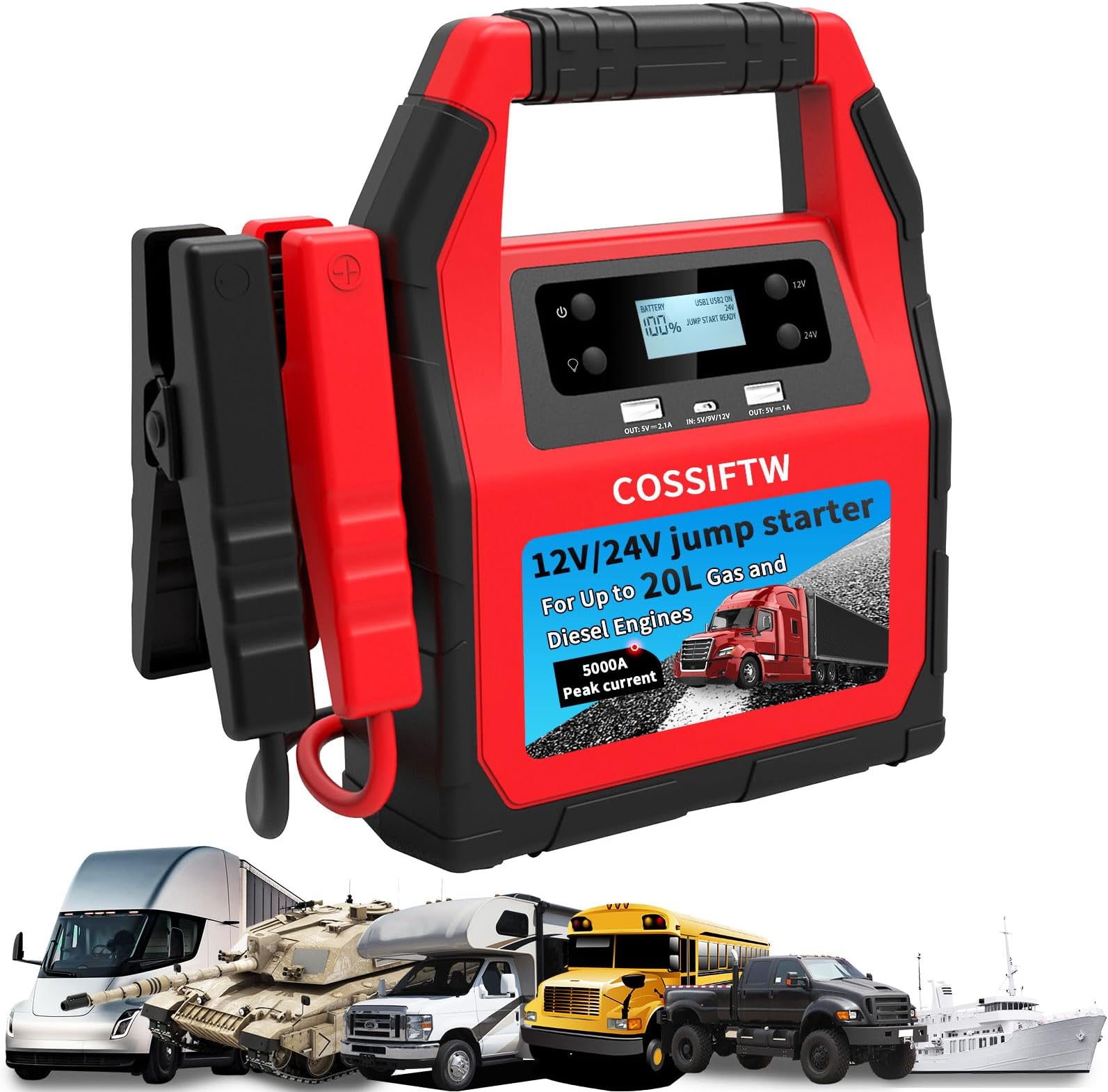 COSSIFTW 5000A Jump Starter for Various Vehicles,12V&24V Battery ...