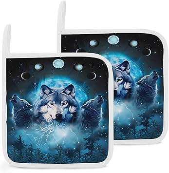 Amazon.com: WINCCOR Blue Galaxy Moon Phase Forest Wolf Pot Holders Set ...