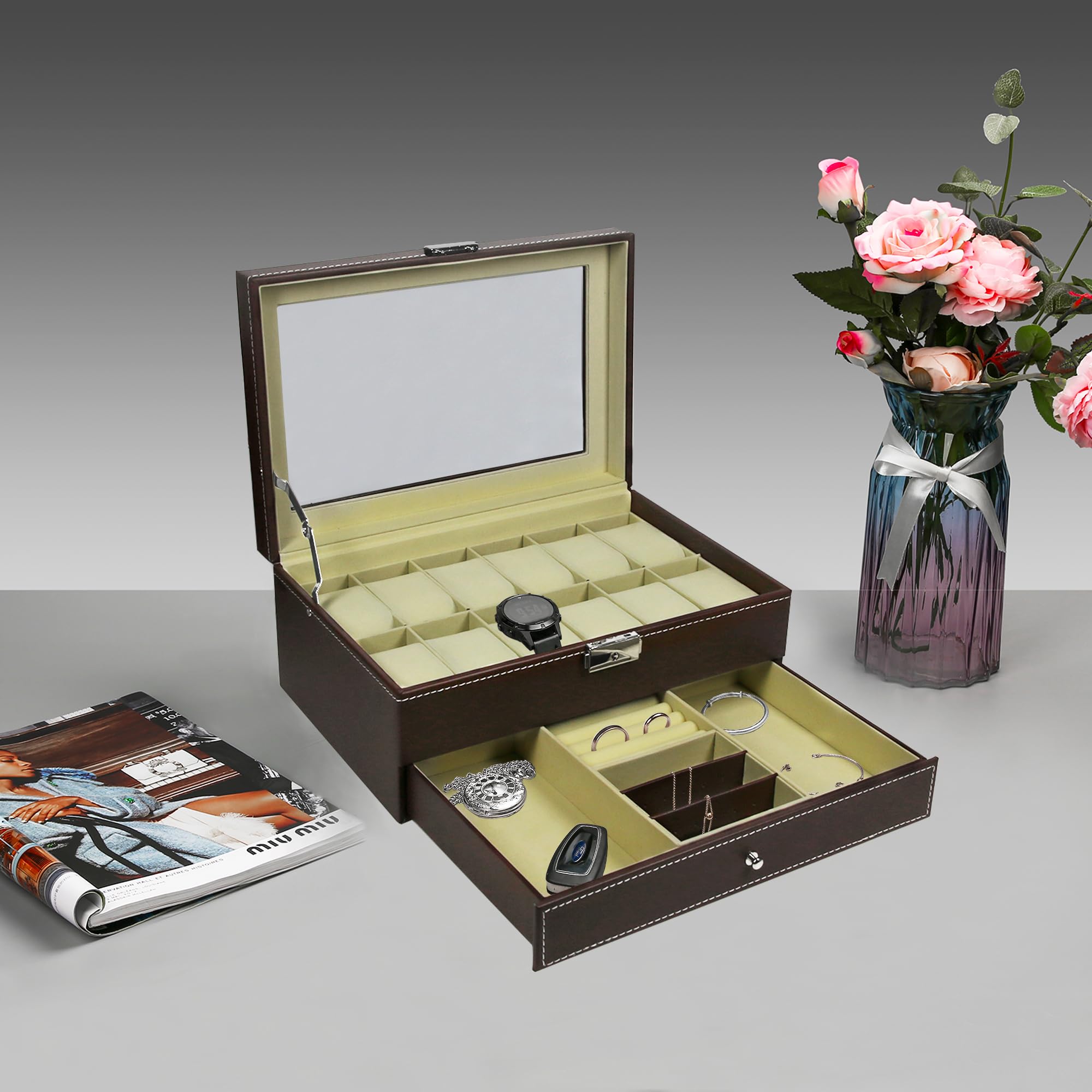 Snapklik.com : Ogrmar 12 Slot PU Leather Lockable Watch Storage Boxes ...