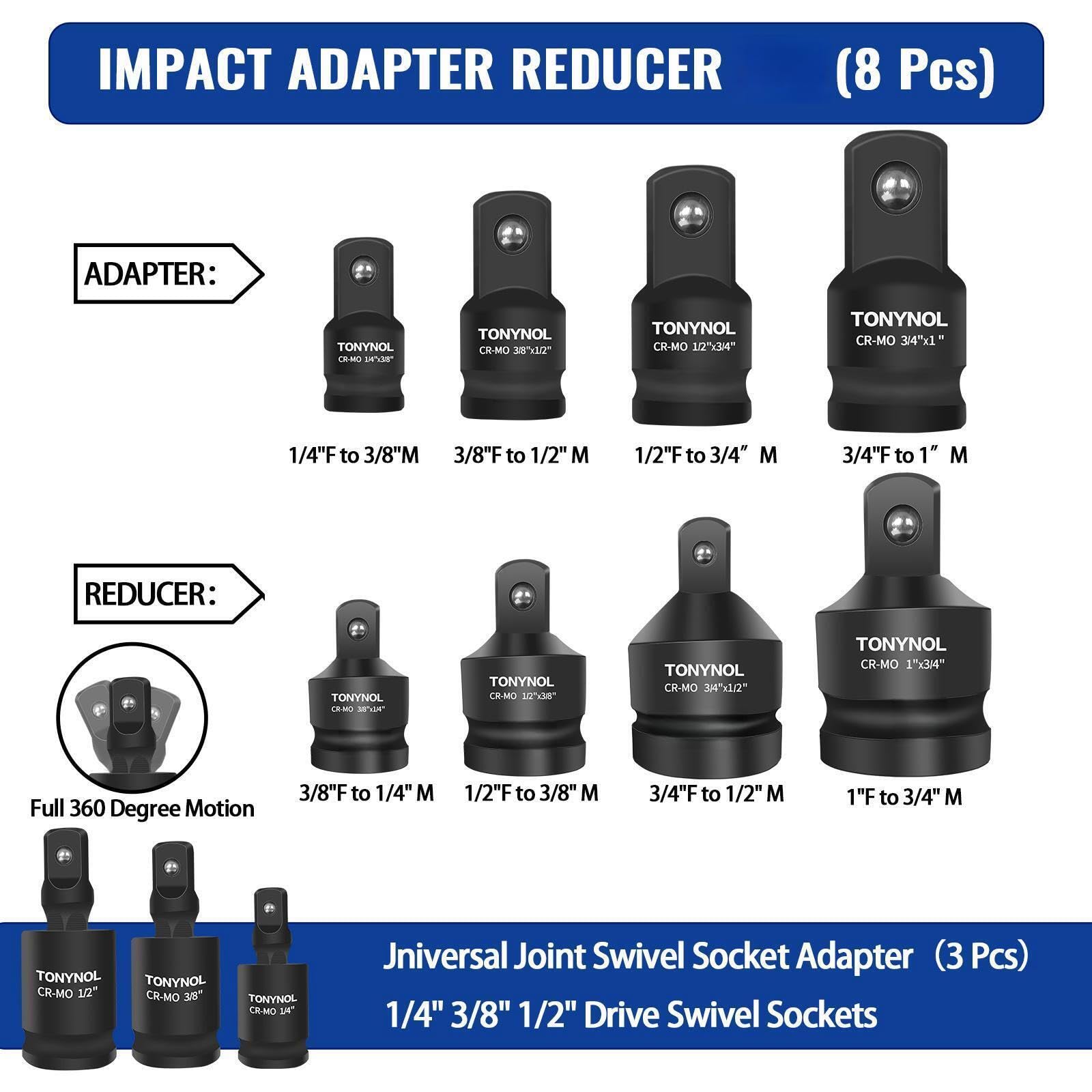 TONYNOL 11pcs Impact Adapter and Reducer Set and Universal Joint Swivel ...