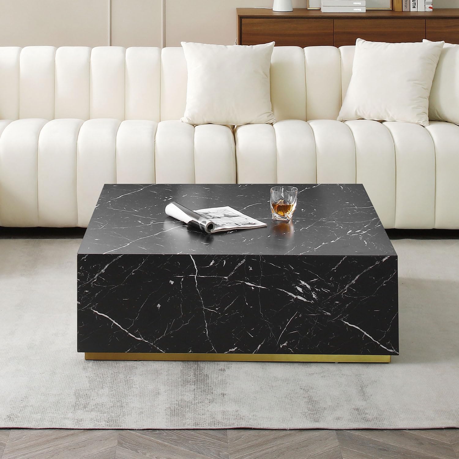 Amazon.com: LyuHome Square Black Coffee Table with Gold Rim Bottom ...