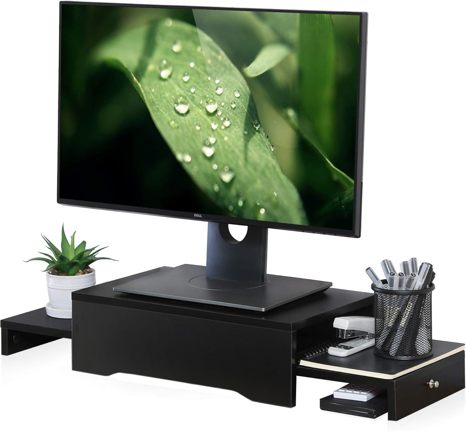 FITUEYES Wood Dual Monitor Stand Riser with Adjustable Length Storage ...