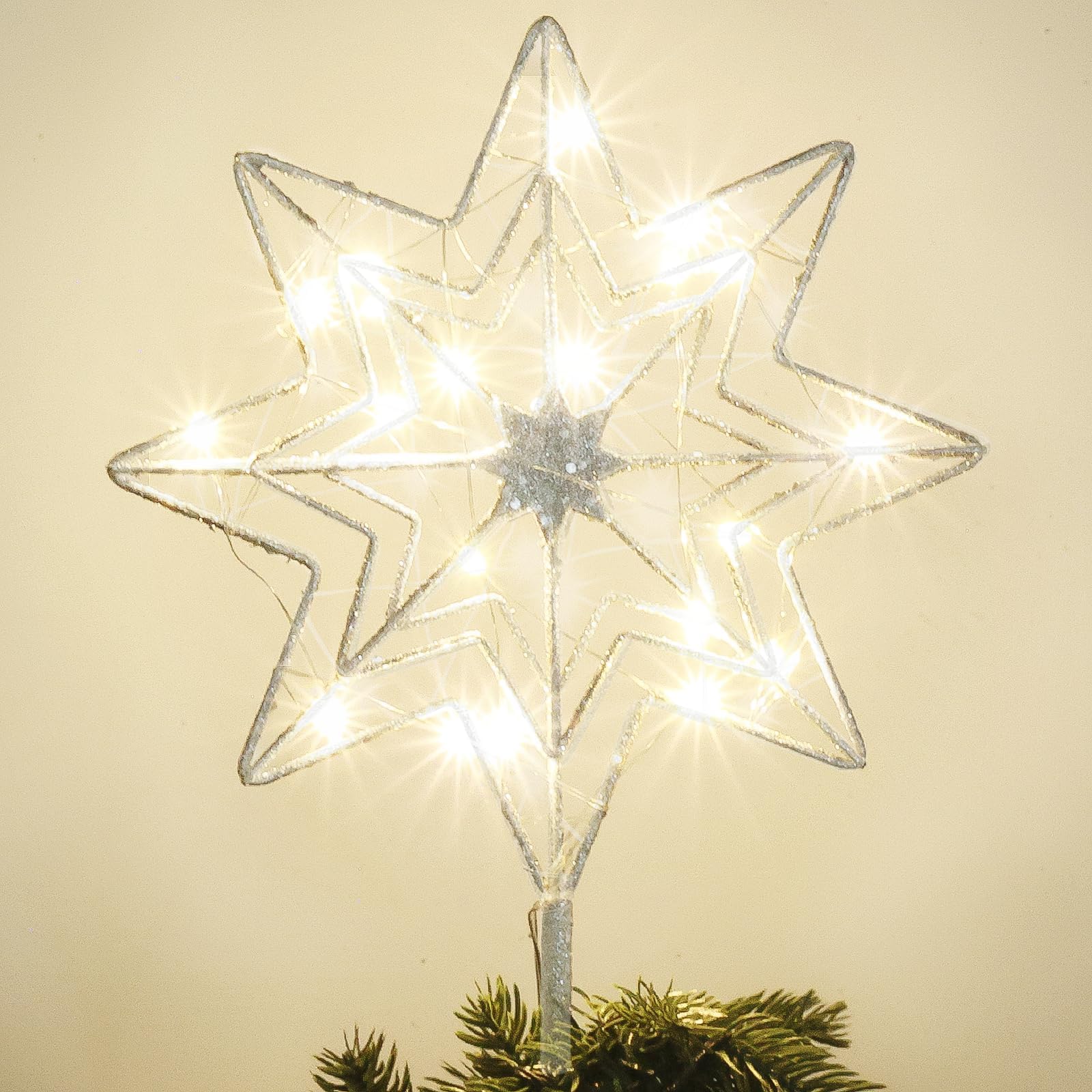 Amazon.com: hogardeck Christmas Tree Topper, Glittered Silver 8-Pointed ...