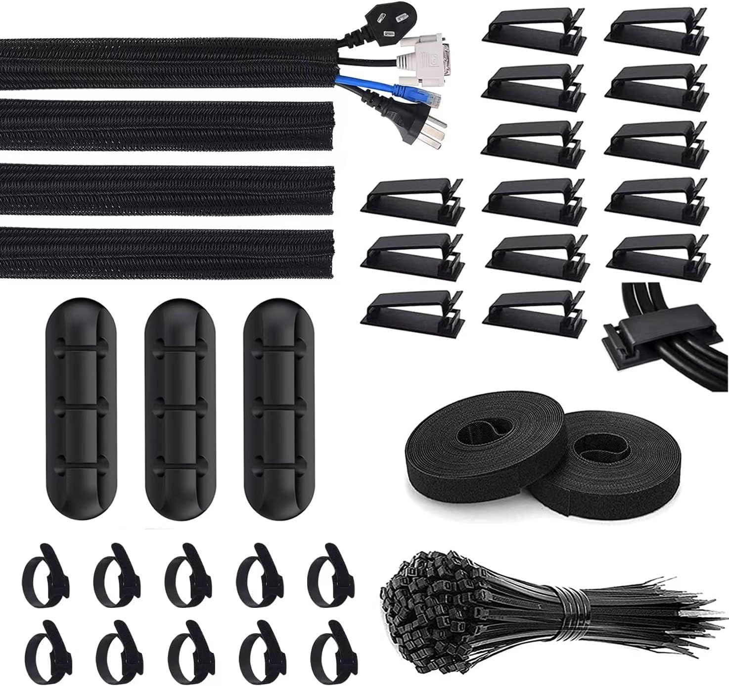 SOULWIT 134Pcs Cable Management Kit, 4 Cable Sleeve, 3 Silicone Cable ...
