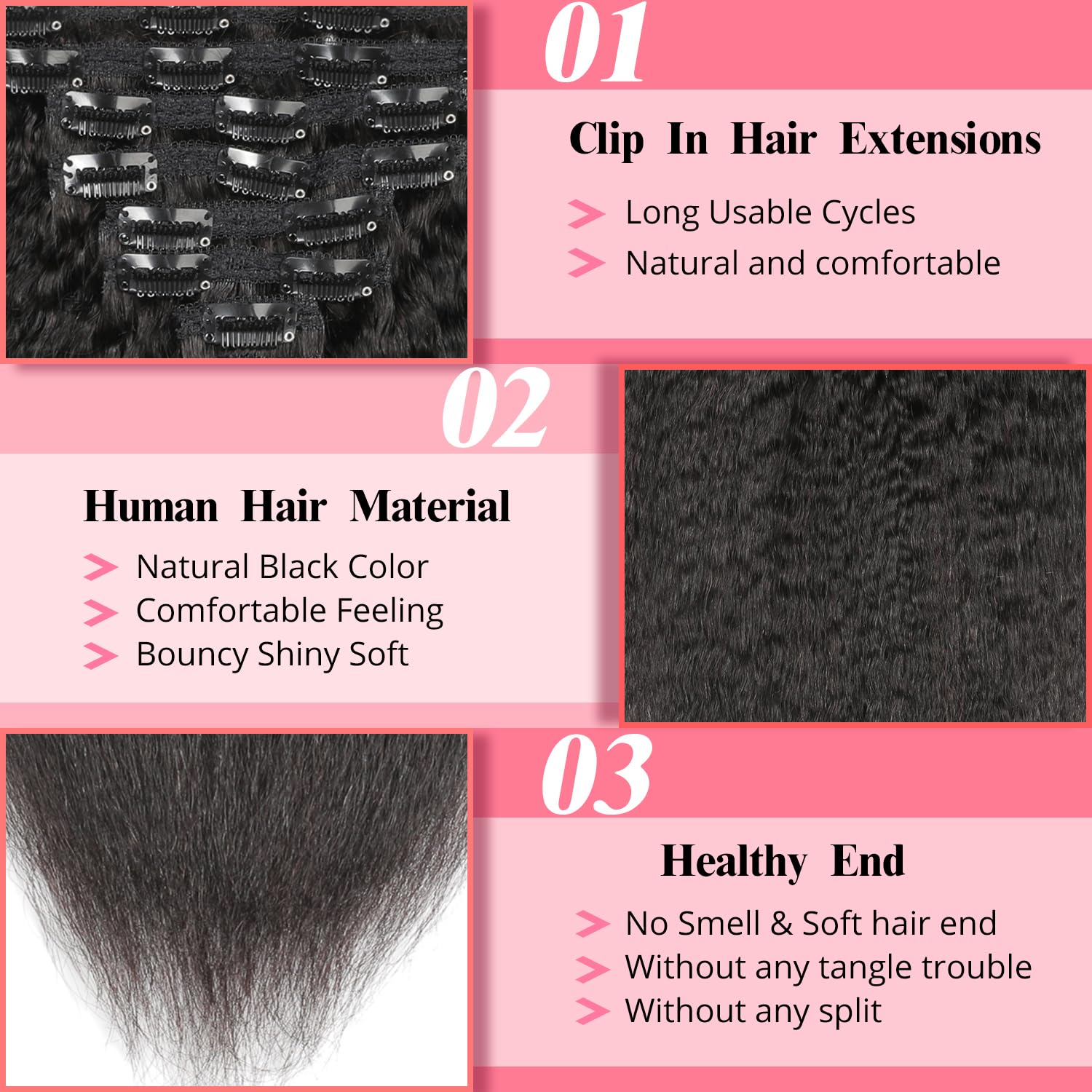 Clip in Hair Extensions Real Human Hair Kinky Straight Clip ins 18 Inch ...