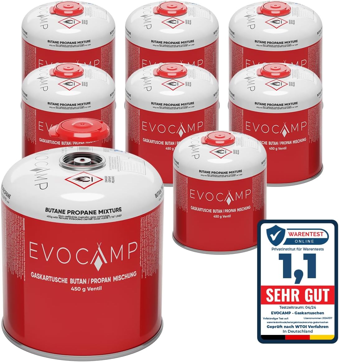 EVOCAMP 8X Propan Butan Gaskartuschen 450g einsetzbar für Weber Grills Q100/1000-Serien ...