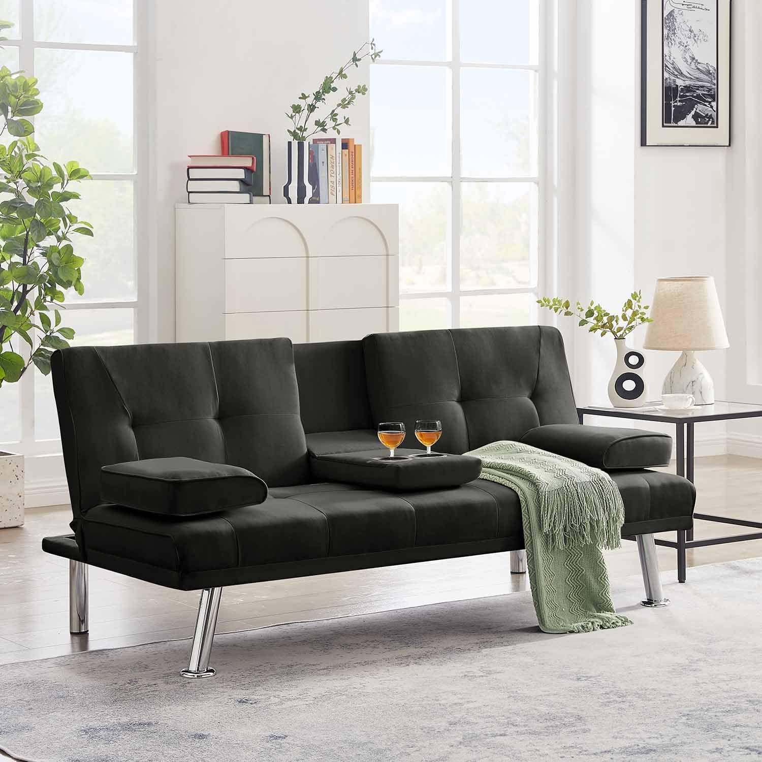 Amazon.com: RIDFY Modern Futon Sofa Bed with 2 Cupholders, Convertible ...